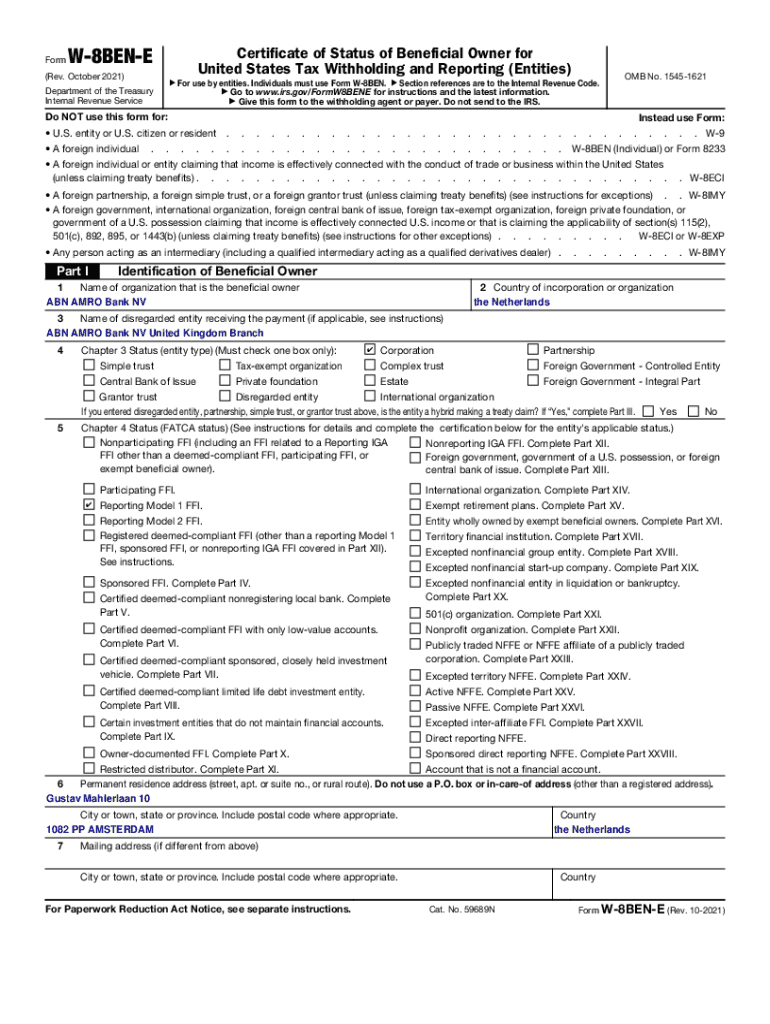 Fillable Online Form W-8BEN-E Certificate of Status of Beneficial Owner for United ... - NC Fax ...