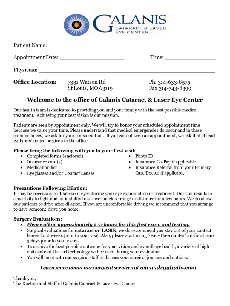 Fillable Online Welcome to the office of Galanis Cataract & Laser Eye ...