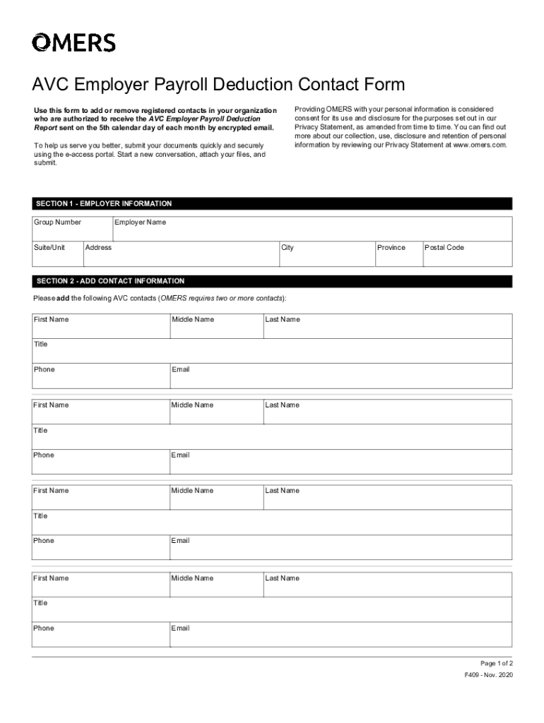 Fillable Online Fillable Online omers AVC Employer Payroll Deduction Contact Form ... Fax Email ...