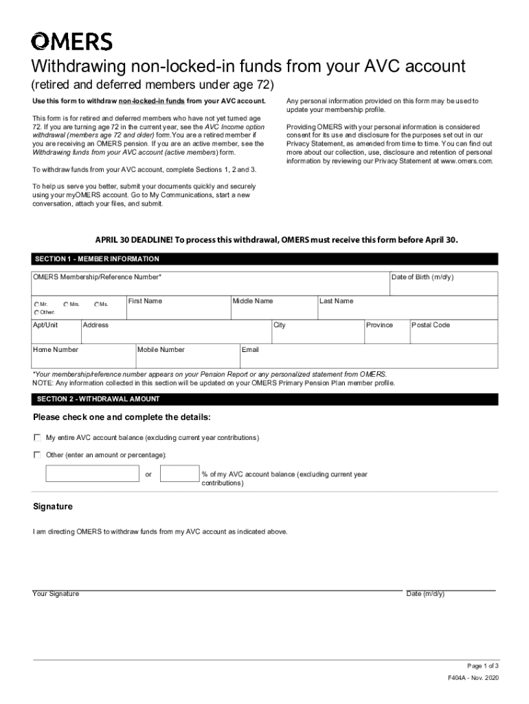 Fillable Online AVC withdrawal (retired and deferred members under age ...