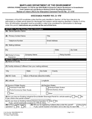 Fillable Online mde maryland GENERAL PERMIT Number 21-VW for the ...