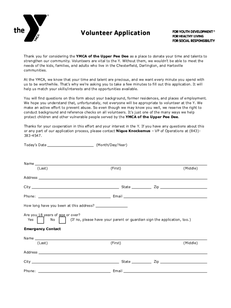 Fillable Online Thank you for considering the YMCA of the Upper Pee Dee ...