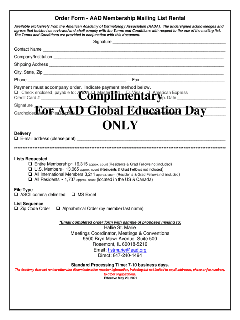 Fillable Online Order Form - Aad Membership Mailing List Rental ...