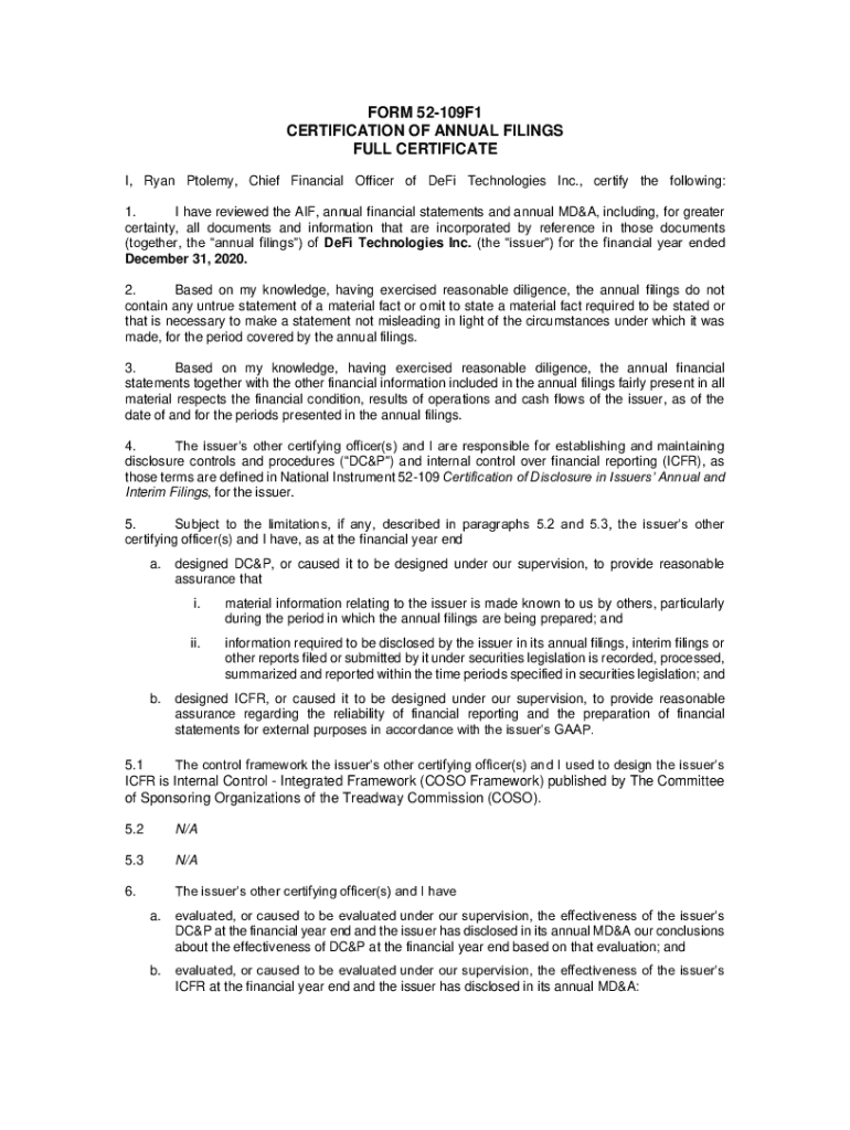 Fillable Online Form 52-109F1 Certification of Annual FilingsFull ...