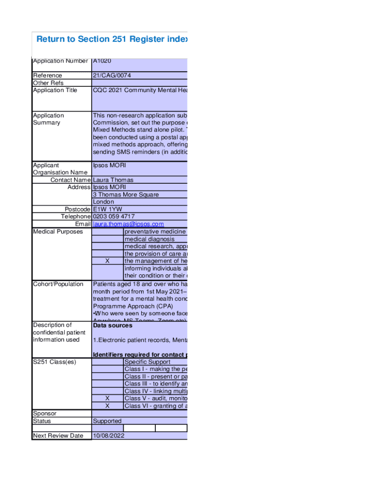 Fillable Online Return to Section 251 Register index sheet - Health ...