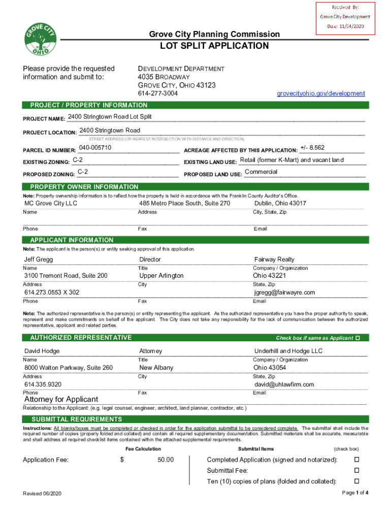 Fillable Online 11.4.20 Signed Grove City Lot Split Application.pdf Fax Email Print - pdfFiller