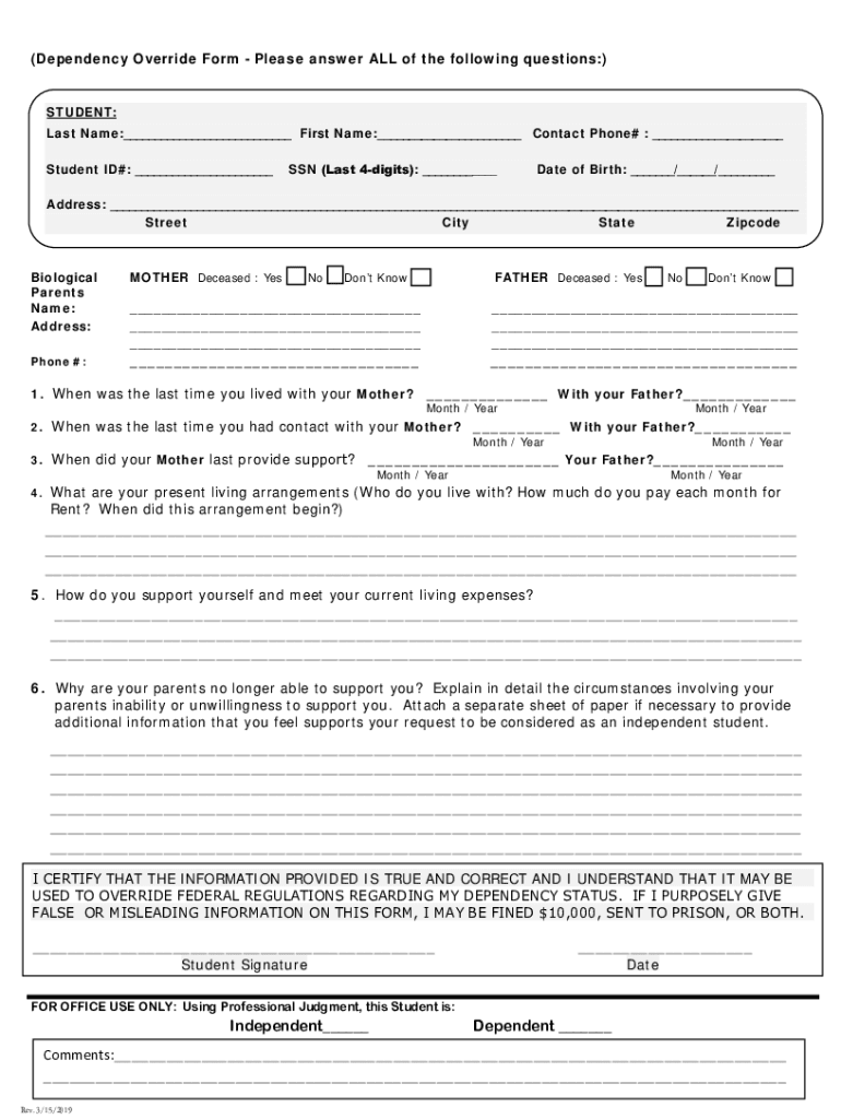 Fillable Online 2022-2023 Dependency Override Request Form DIRECTIONS ...