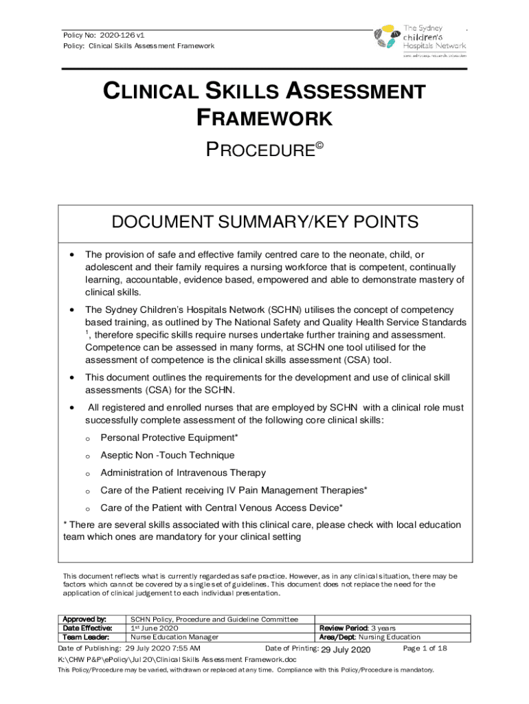 Fillable Online CLINICAL SKILLS ASSESSMENT FRAMEWORK - Sydney Children ...