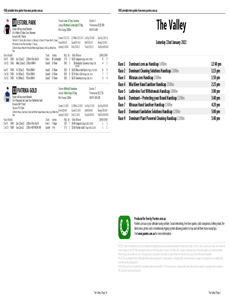Fillable Online The Valley Printable Form Guide - Saturday 22nd January ...