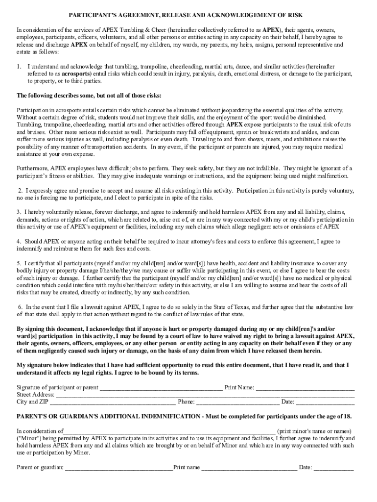 Fillable Online Participant Agreement & Risk Acknowledgement - Blue Sky Sage Fax Email Print ...