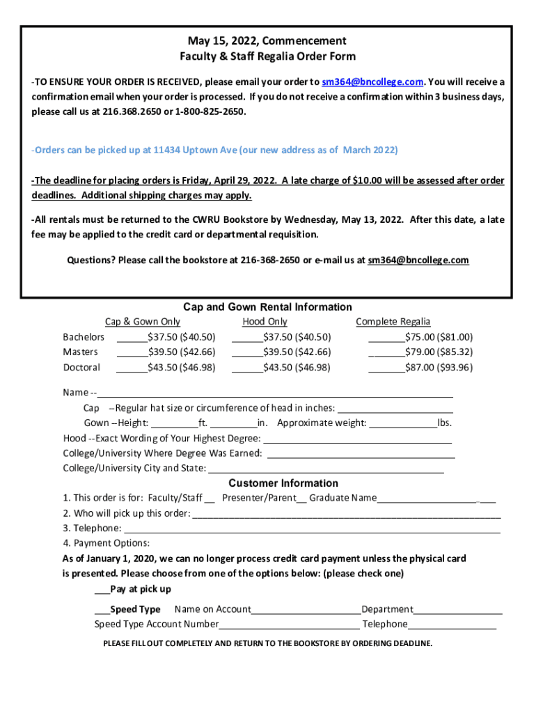 Fillable Online 2022 Faculty and Staff Commencement Order Form - Case Western Reserve ... Fax ...