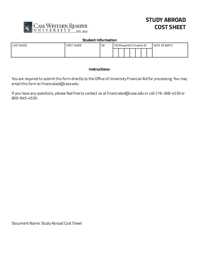 Fillable Online STUDY ABROAD COST SHEET Fax Email Print - pdfFiller