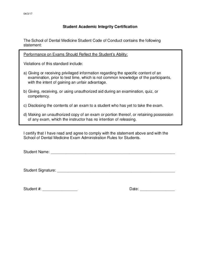 Fillable Online Student Academic Integrity Certification The School of ...