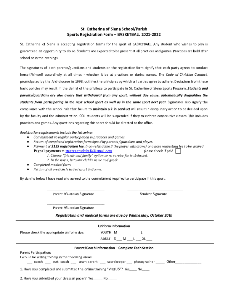 Fillable Online SCSS Basketball Registration FormSt. Catherine of Siena ...