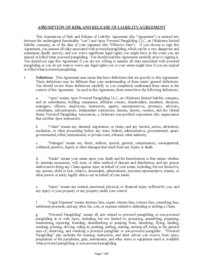 Fillable Online Assumption of Risks, Release, and Waiver of Liability ...