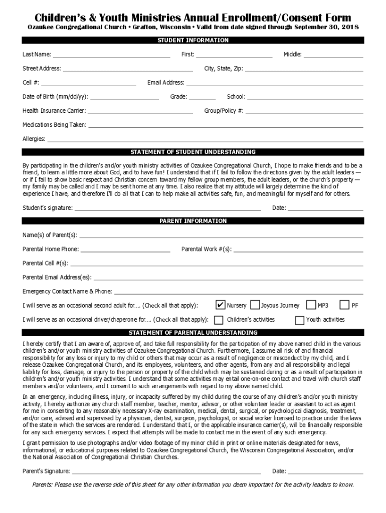 Fillable Online Childrens & Youth Ministries Annual Enrollment/Consent Form Fax Email Print ...