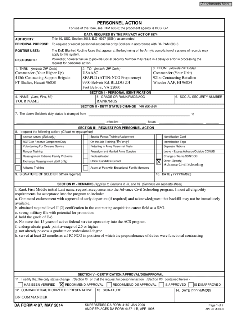 Fillable Online asc army For Use Of This Form, See PAM 600-8; The ...