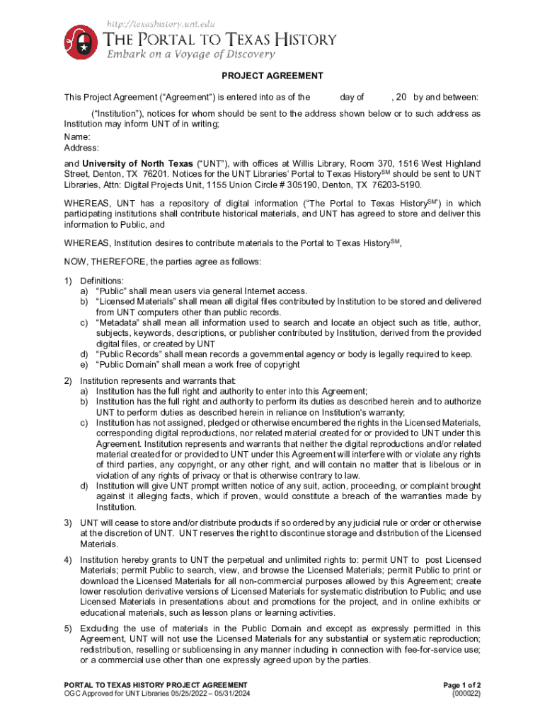 Fillable Online library unt Project Management Agreement: Definition ...