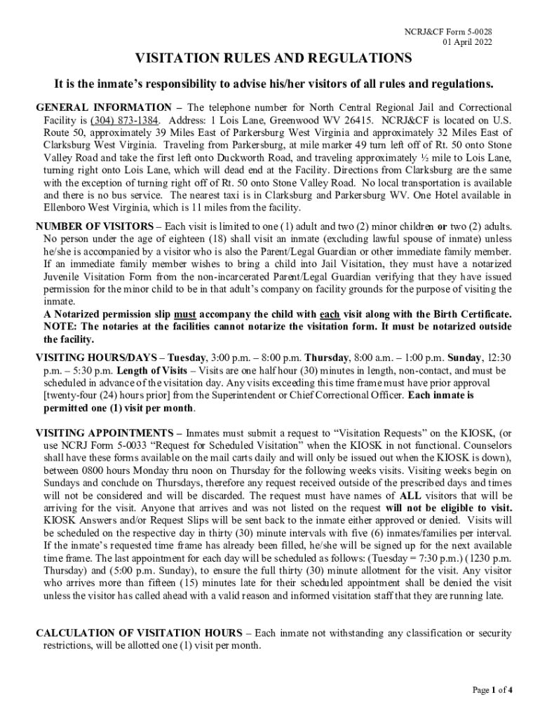 Fillable Online dcr.wv.govDocumentsNCVisitationRulesNCRJ&CF Form 5-0028 ...