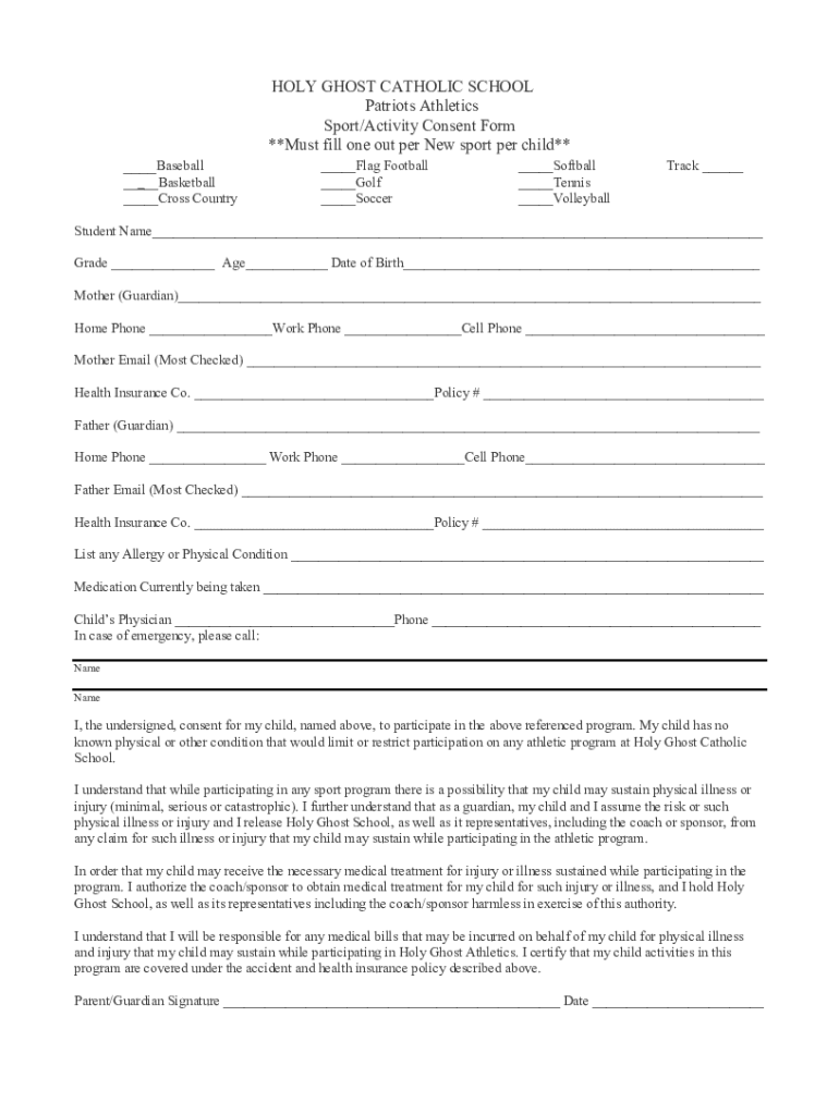 Fillable Online Sport Activity consent form - Holy Ghost School Fax ...