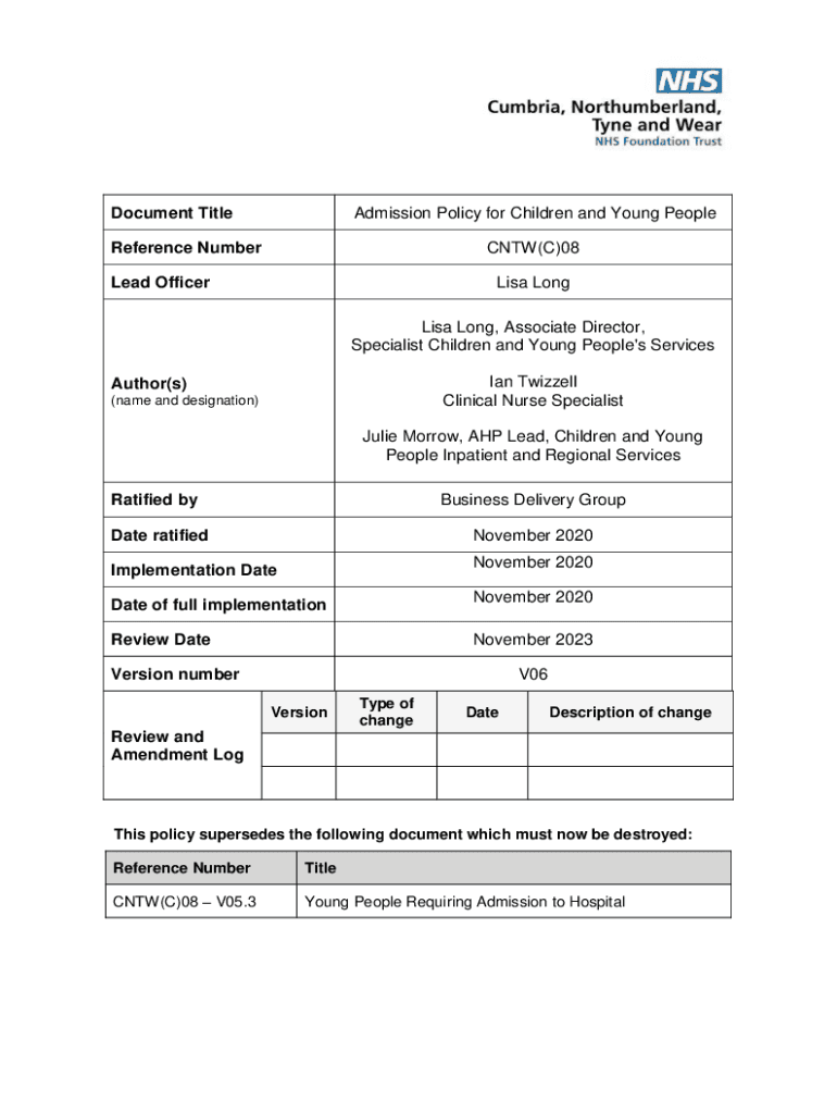 Fillable Online Fillable Online Document Title Admission Policy for Children and Young ... Fax ...