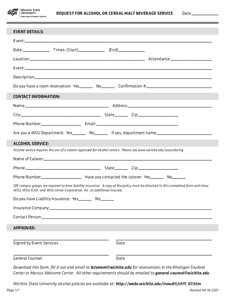Fillable Online request for alcohol or cereal malt beverage service Fax ...