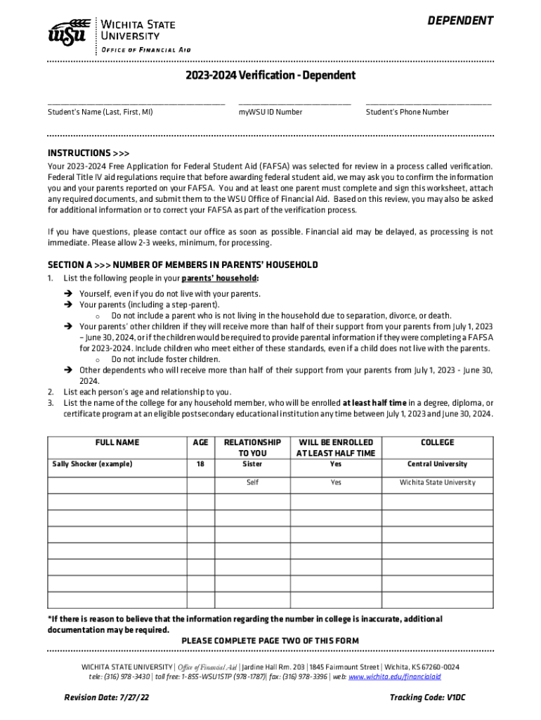 Fillable Online Verification Worksheet for Dependent Student 2023-2024 Fax Email Print - pdfFiller