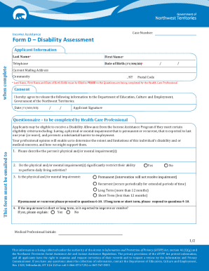 Fillable Online Income Assistance Form DDisability Assessment ...