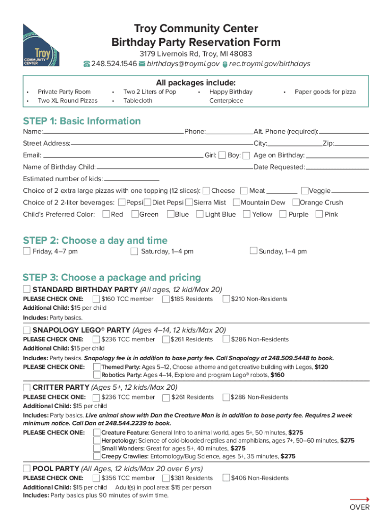 Fillable Online Troy Community Center Birthday PartiesOakland County ...