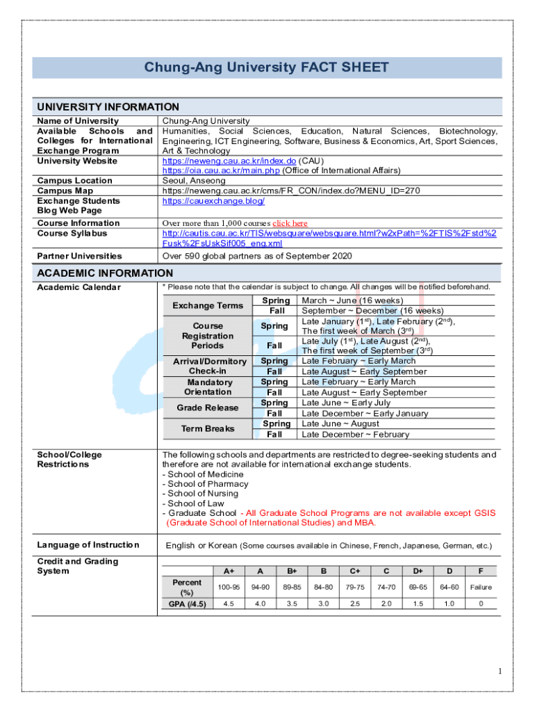 Fillable Online Chung-Ang University FACT SHEET - University of South ...