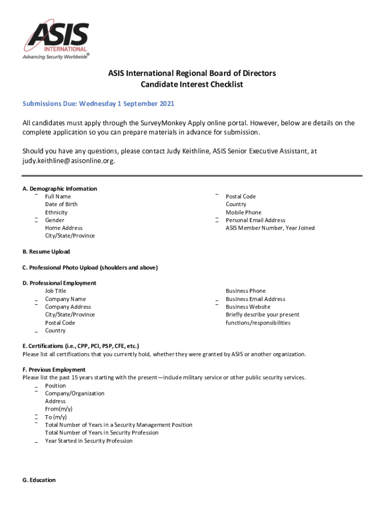 Fillable Online ASIS International Regional Board of Directors Candidate Interest Checklist Fax ...