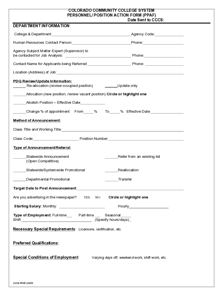 Fillable Online COLORADO COMMUNITY COLLEGE SYSTEM PERSONNEL/ POSITION ACTION FORM (PPAF ... Fax ...