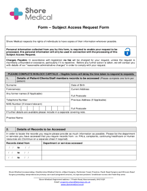 Fillable Online Form Subject Access Request Form - Shore Medical Fax ...