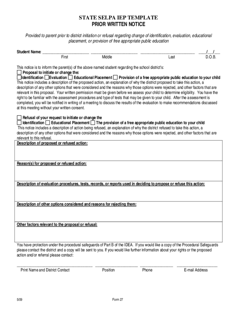 Fillable Online State SELPA IEP Template Notice of Action (Prior ...