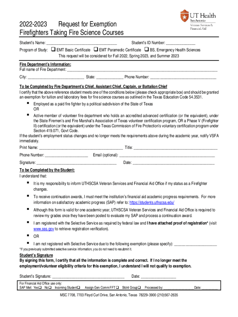 Fillable Online students uthscsa students.uthscsa.eduFirefighterExemptionRequest20232022-2023 ...