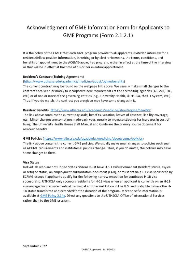 Fillable Online Acknowledgment of GME Information Form for Applicants ...