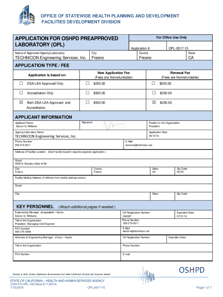 Fillable Online Application for OSHPD Preapproved Laboratory (OPL). OPL ...