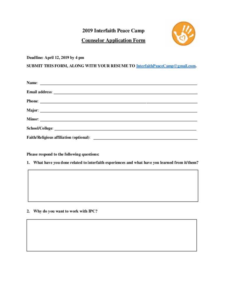 Fillable Online 2019 Interfaith Peace Camp Counselor Application Form Fax Email Print - pdfFiller