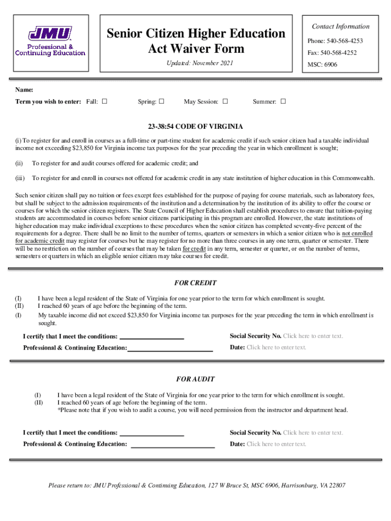 Fillable Online Senior Citizen Higher Education Act Waiver Form Fax ...