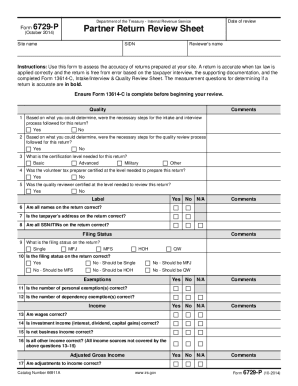 Fillable Online Form 6729-P (10-2014). Partner Return Review Sheet Fax ...