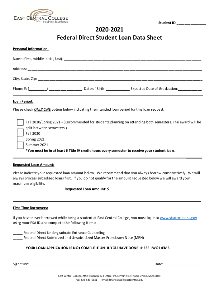 Fillable Online 2020-2021 Federal Direct Student Loan Data Sheet Fax ...