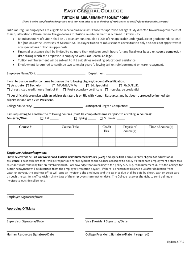 Fillable Online Employee Tuition Reimbursement Request FormWord & Excel ...