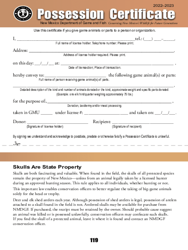 Fillable Online Possession Certificate - New Mexico Game and Fish Fax Email Print - pdfFiller