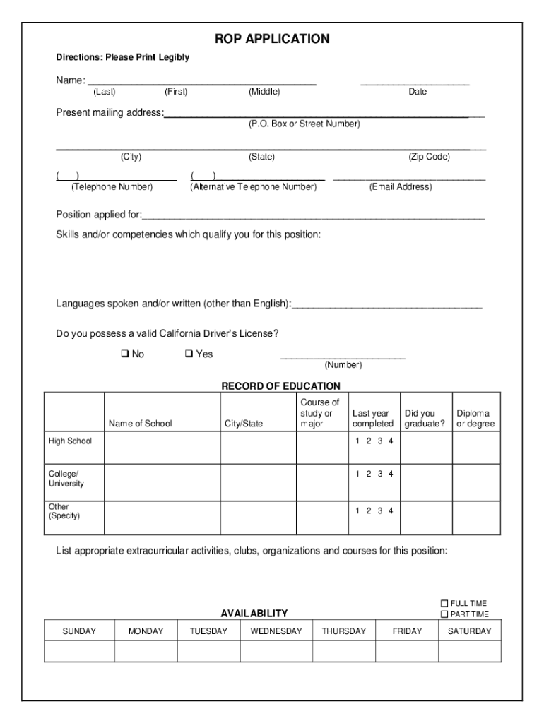 Fillable Online Rop Application: Directions: Please Print ...