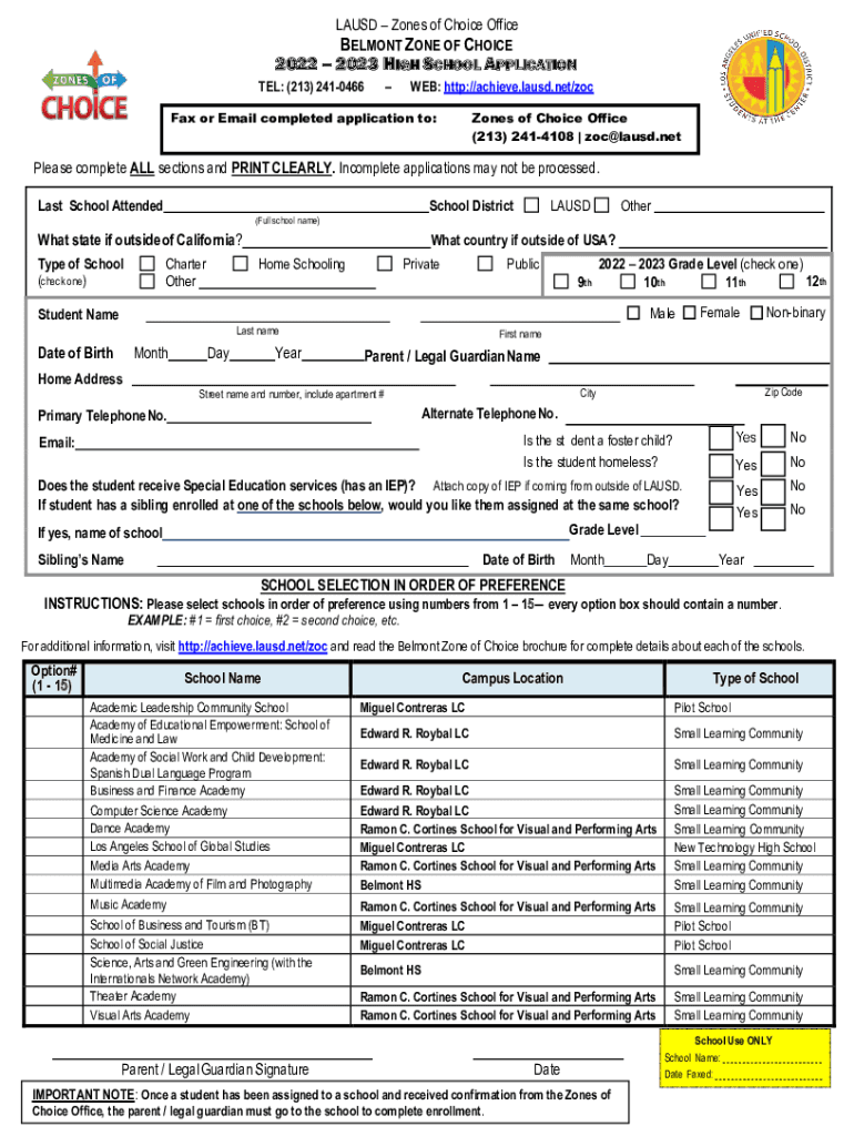 Fillable Online Zones of Choice: Belmont Zone of Choice - School Loop ...