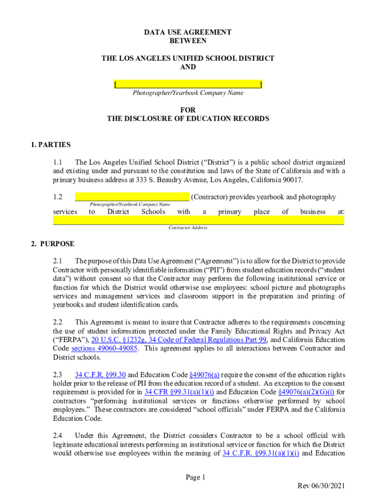 Fillable Online Data Use Agreement Template for Photographer-Yearbook ...