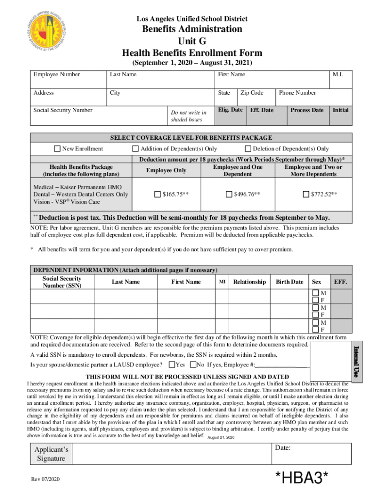 Fillable Online Unit G Health Benefits Enrollment Form Fax Email Print ...