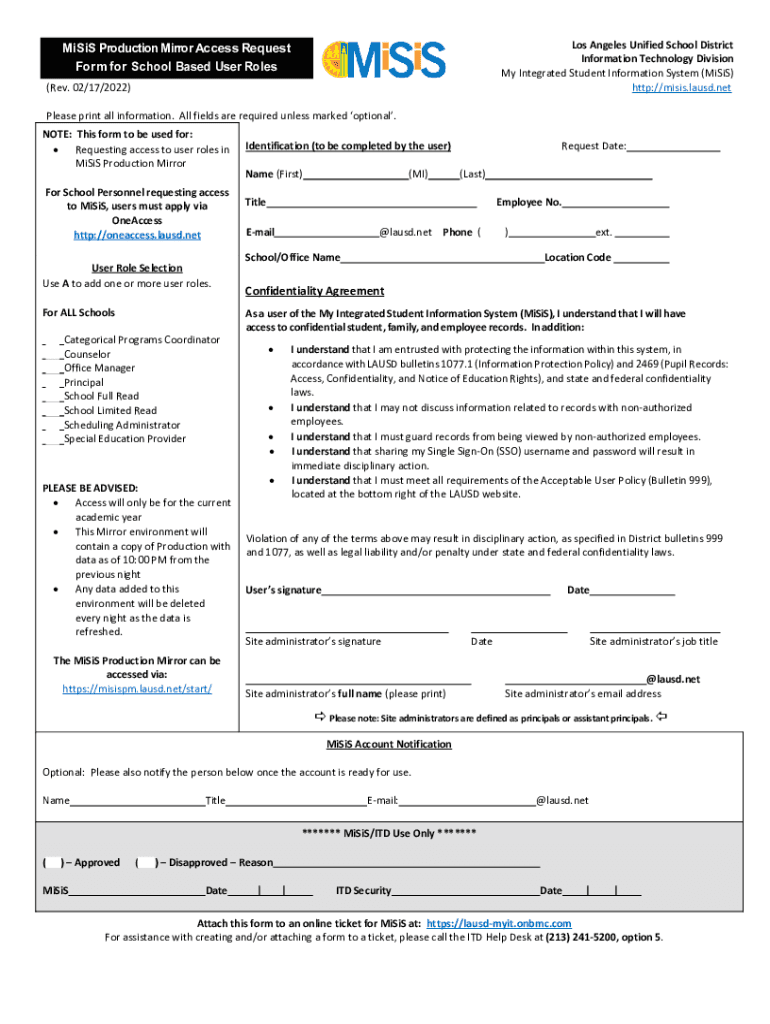 Fillable Online MiSiS Production Mirror Access Request Form for School ...