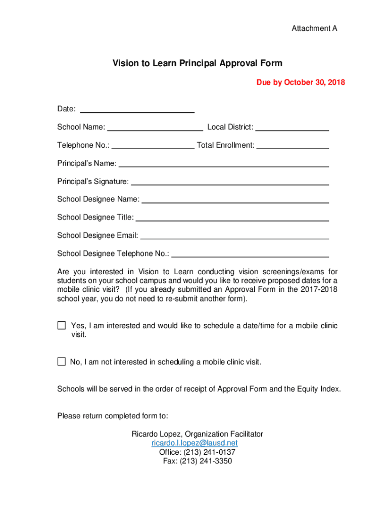 Fillable Online Vision to Learn Principal Approval Form - Los Angeles ...