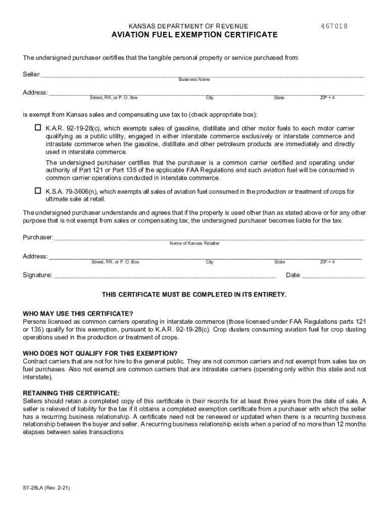 Fillable Online ksrevenue.govpdfst28laAVIATION FUEL EXEMPTION ...
